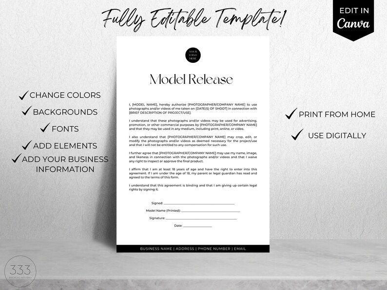 Editable Model Release Form Template, Photography Contract (canva ...