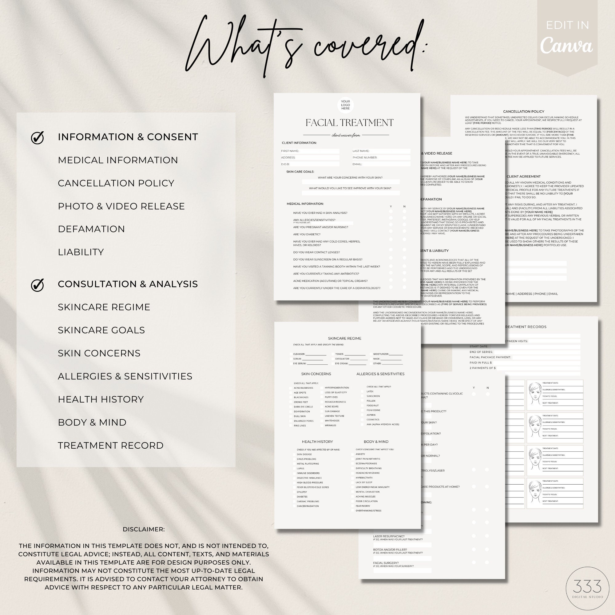 Editable Facial Consent Form, Canva Template, Esthetician Form, Skin ...