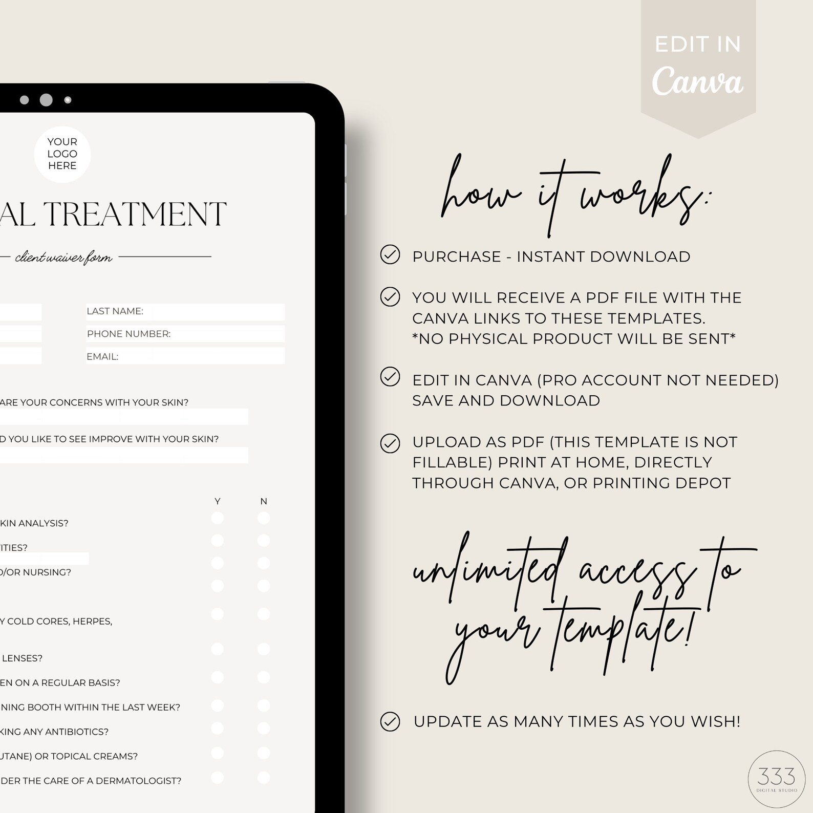 Editable Facial Consent Form, Canva Template, Esthetician Form, Skin ...