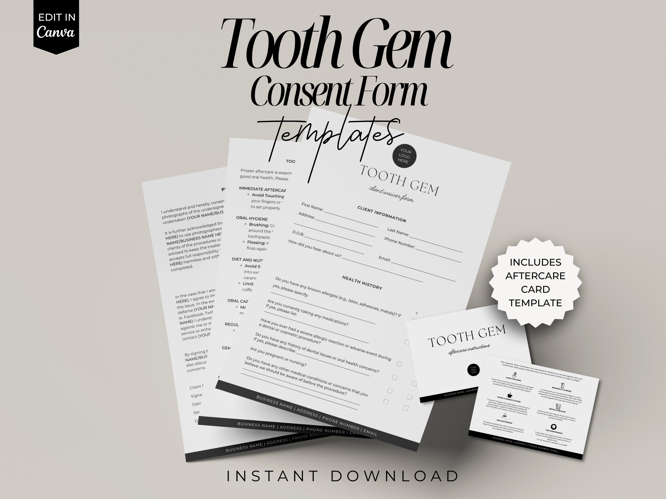 Tooth Gem Consent Form Template, Client Aftercare Card (canva) - Etsy