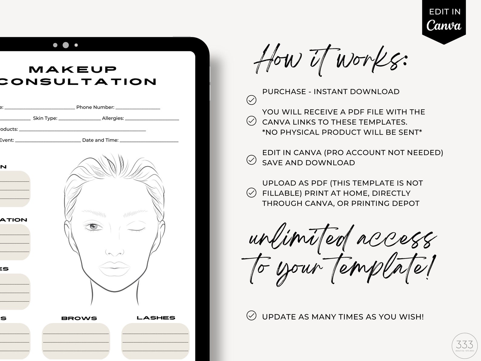 Editable Makeup Face Chart, Beauty Template, Salon Forms, Makeup ...