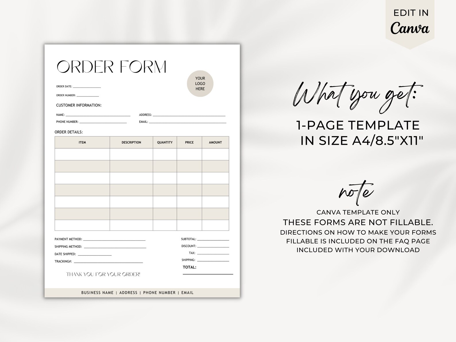 Editable Order Form Template, Purchase Order Form, Canva Template ...