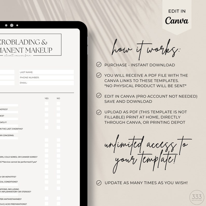 Brow Artist Forms Templates, PMU Consent, Canva Editable (digital ...