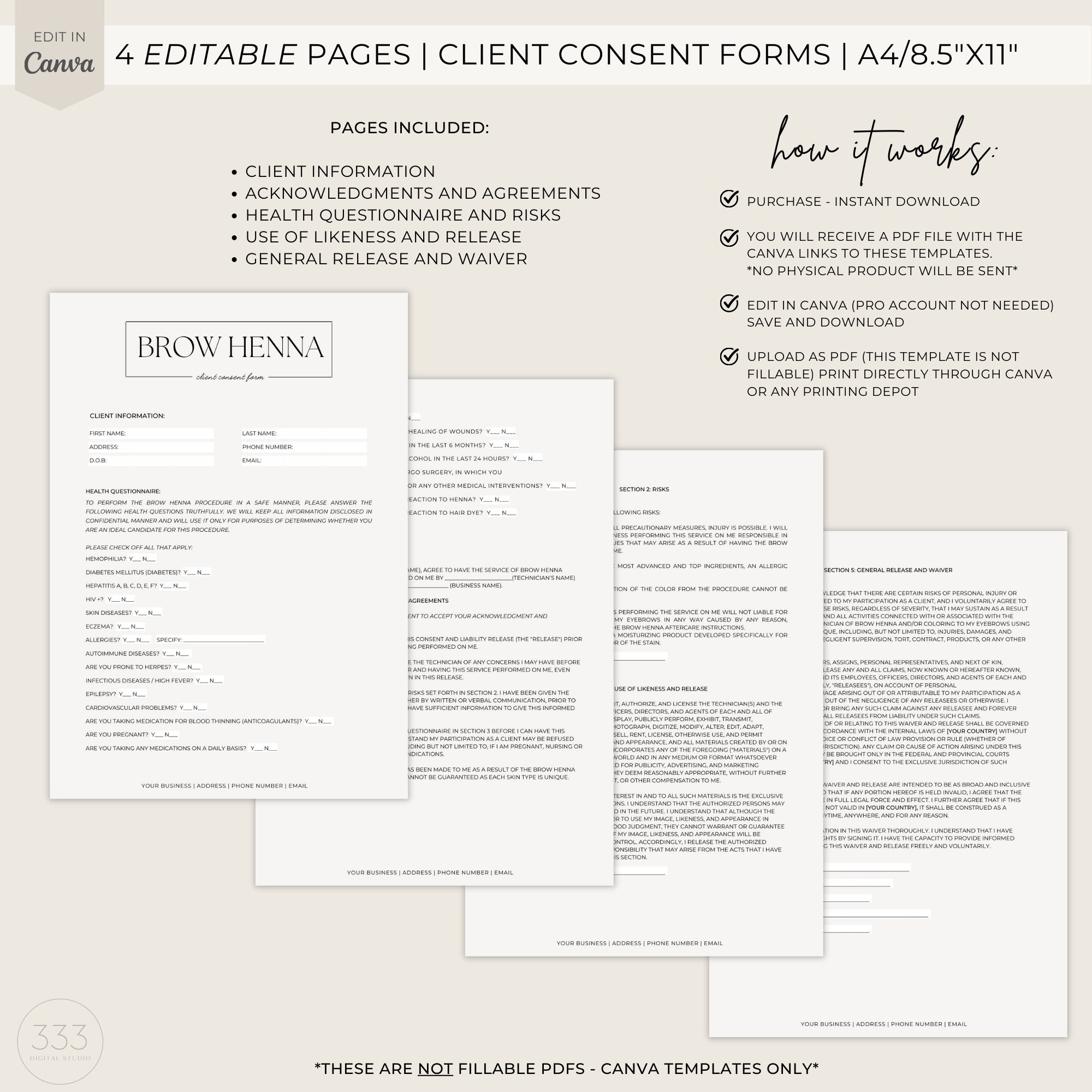 Brow Henna Consent Form Eyebrow Tinting Editable in Canva - Etsy Canada