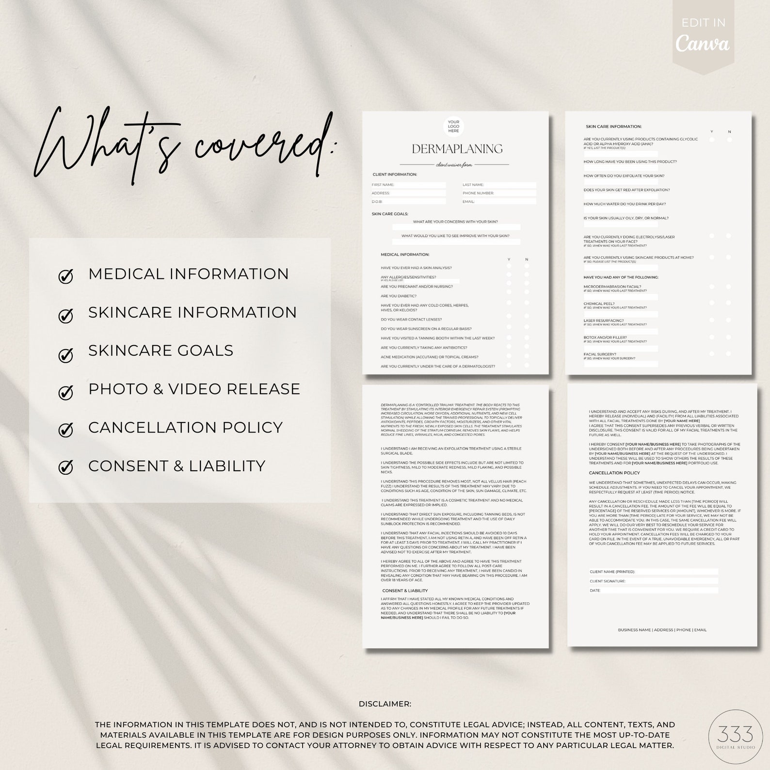 Editable Dermaplaning Consent Form, Esthetician Client Intake (canva ...