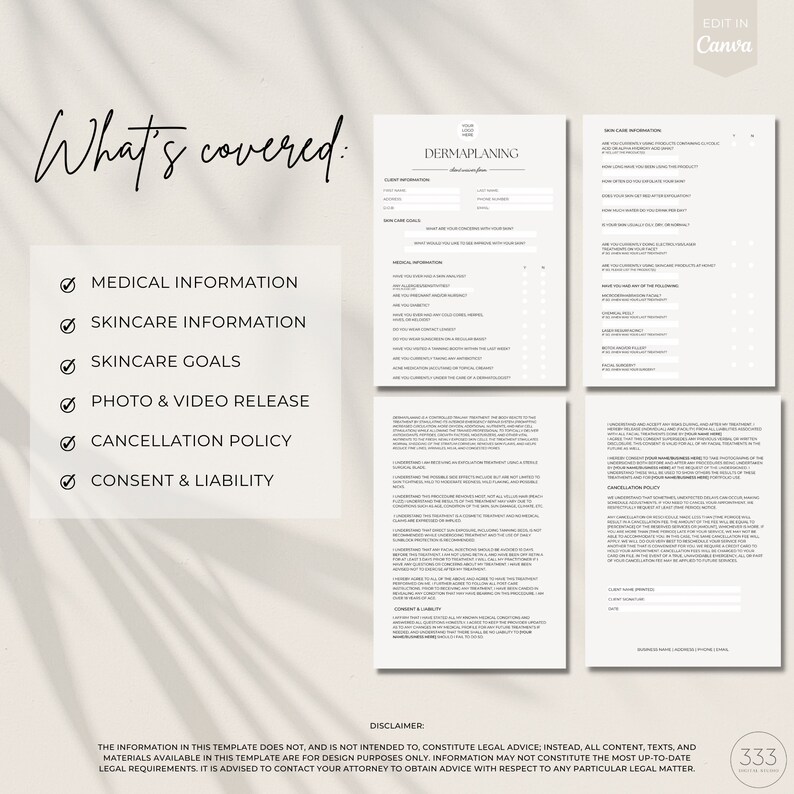 Editable Dermaplaning Consent Form, Esthetician Client Intake (canva Template) - Etsy