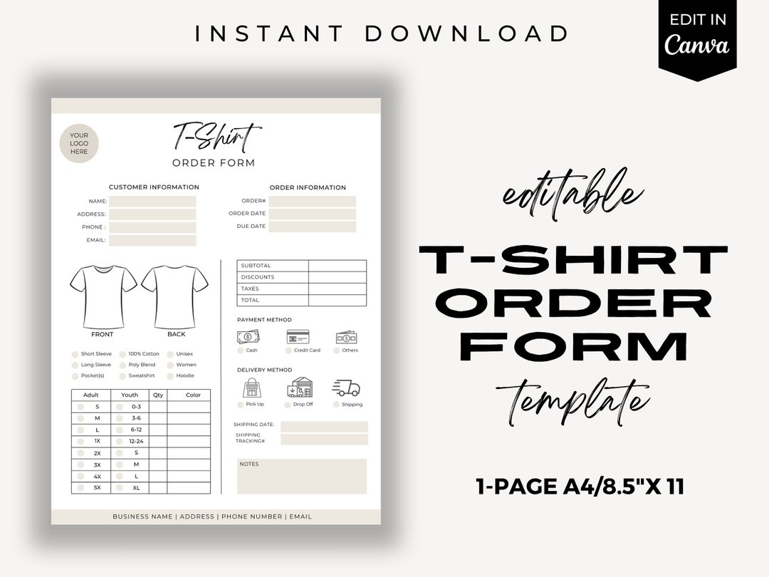 Tshirt Order Form Template Editable, Custom Order Form, Printable Order ...