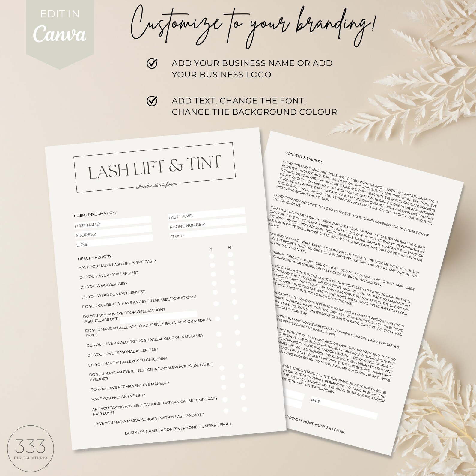 Lash Lift Consent Form Template, Esthetician Aftercare Card (editable ...