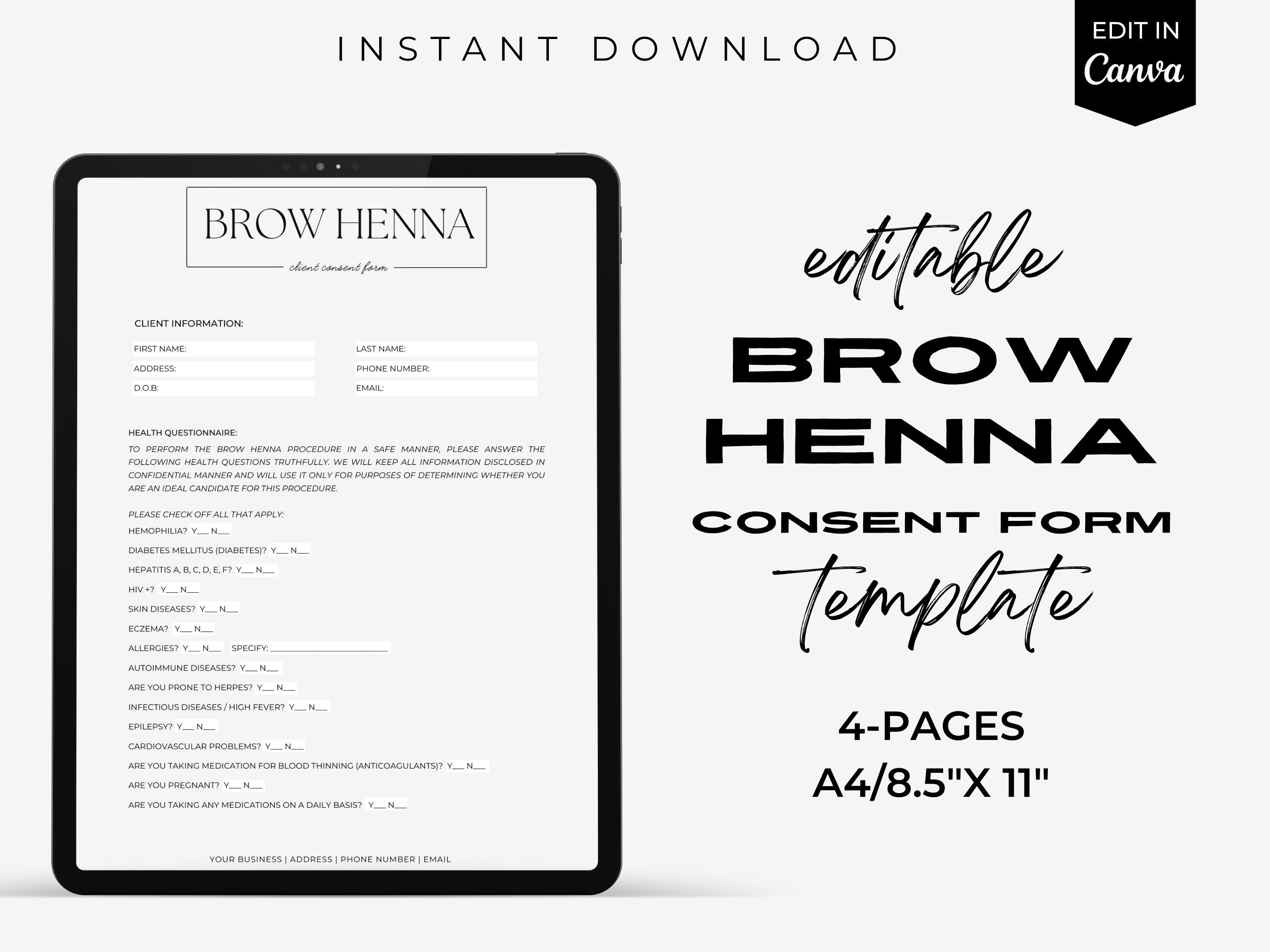 Brow Henna Consent Form Eyebrow Tinting Editable in Canva - Etsy Canada