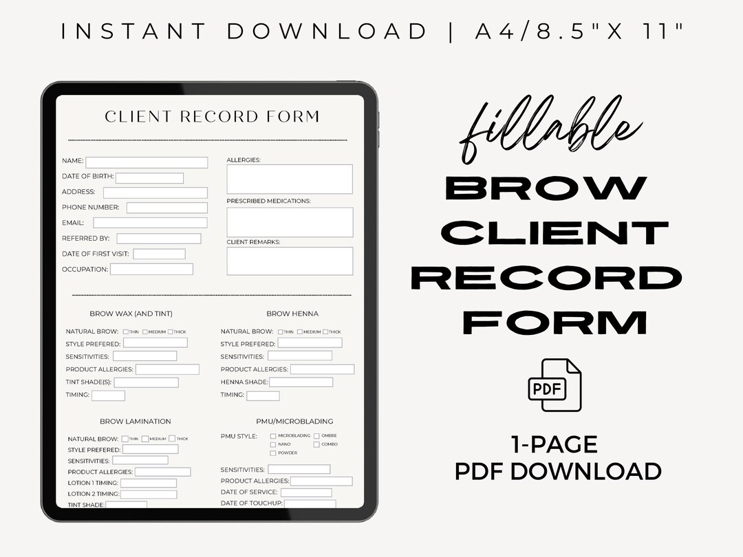 Fillable Client Record Form, 1 Page Fillable PDF, Client Intake Form ...