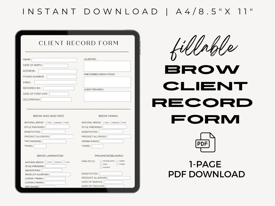 Fillable Client Record Form 1 Page Fillable PDF Client - Etsy