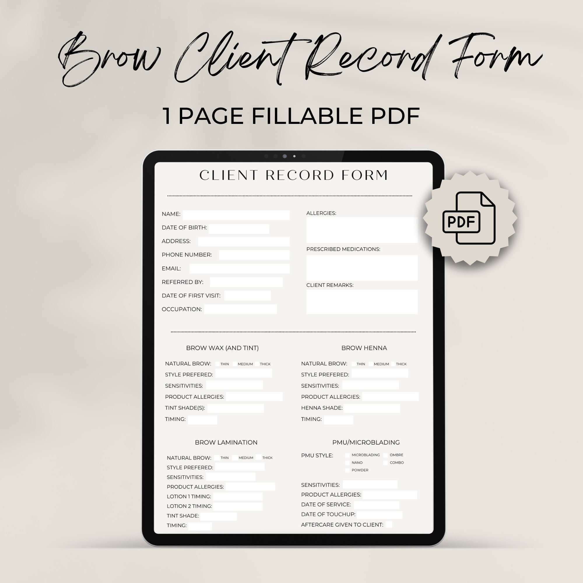 Fillable Client Record Form 1 Page Fillable PDF Client - Etsy Canada