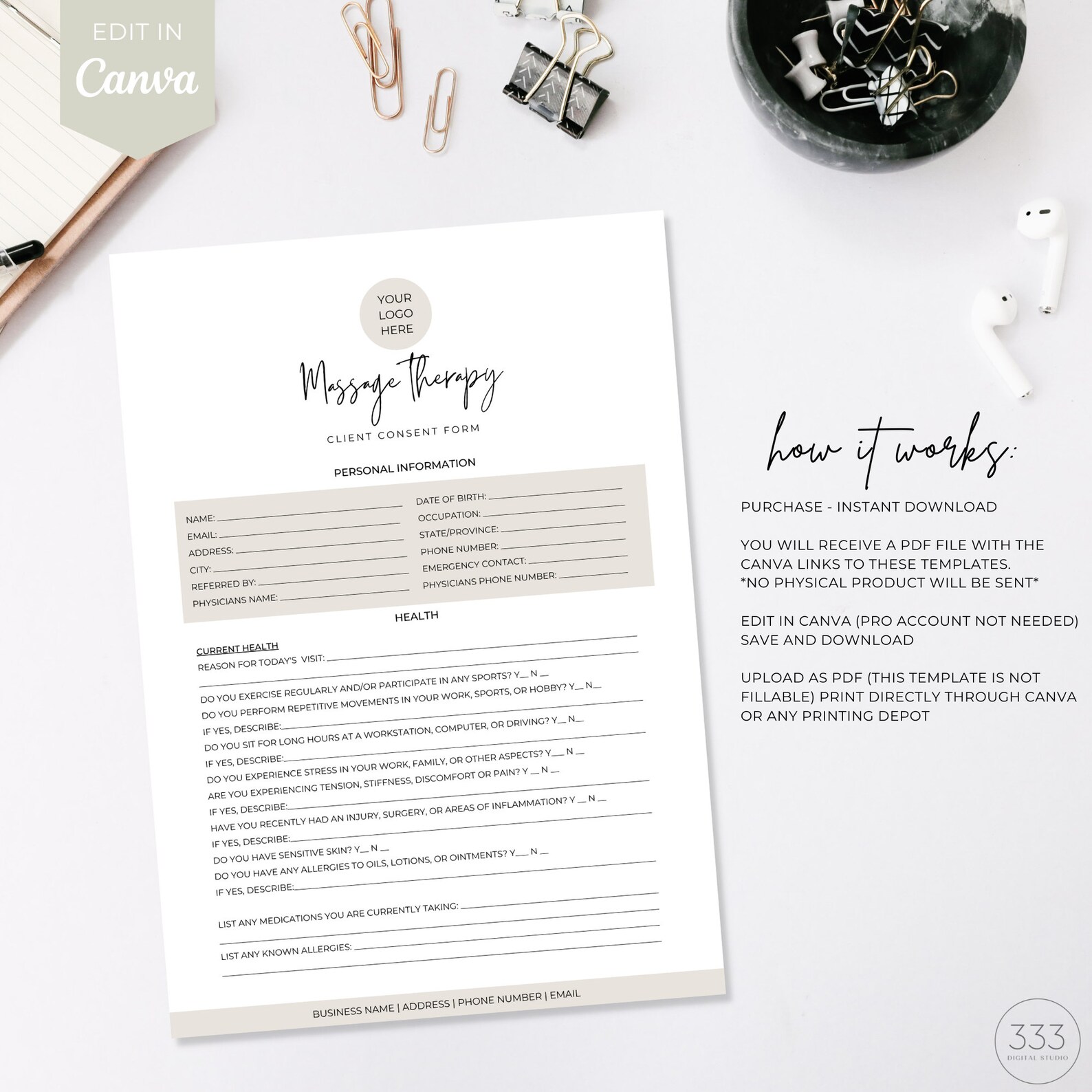 Massage Intake Form, Client Consent Form, Edit in Canva, Spa Forms ...