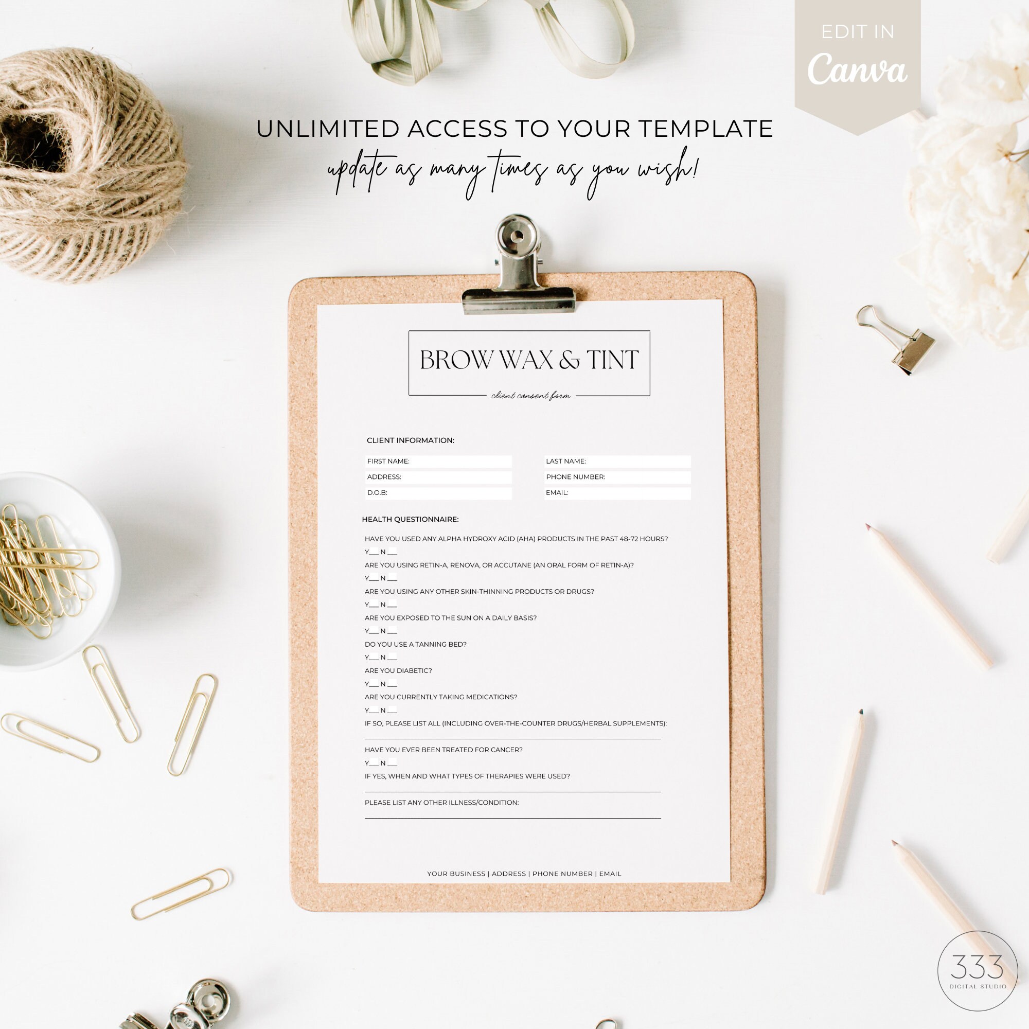 Editable Brow Wax Client Form, Esthetician Forms, Eyebrow Wax and Tint ...