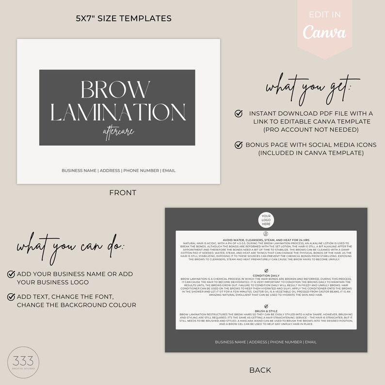 Editable Brow Lamination Aftercare Cards, Beauty Salon Template (edit ...