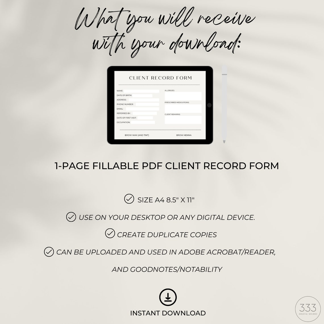 Fillable Client Record Form 1 Page Fillable PDF Client - Etsy Canada