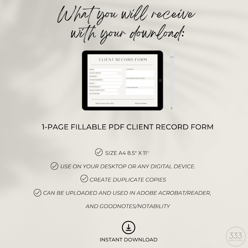 Fillable Client Record Form 1 Page Fillable PDF Client - Etsy Canada