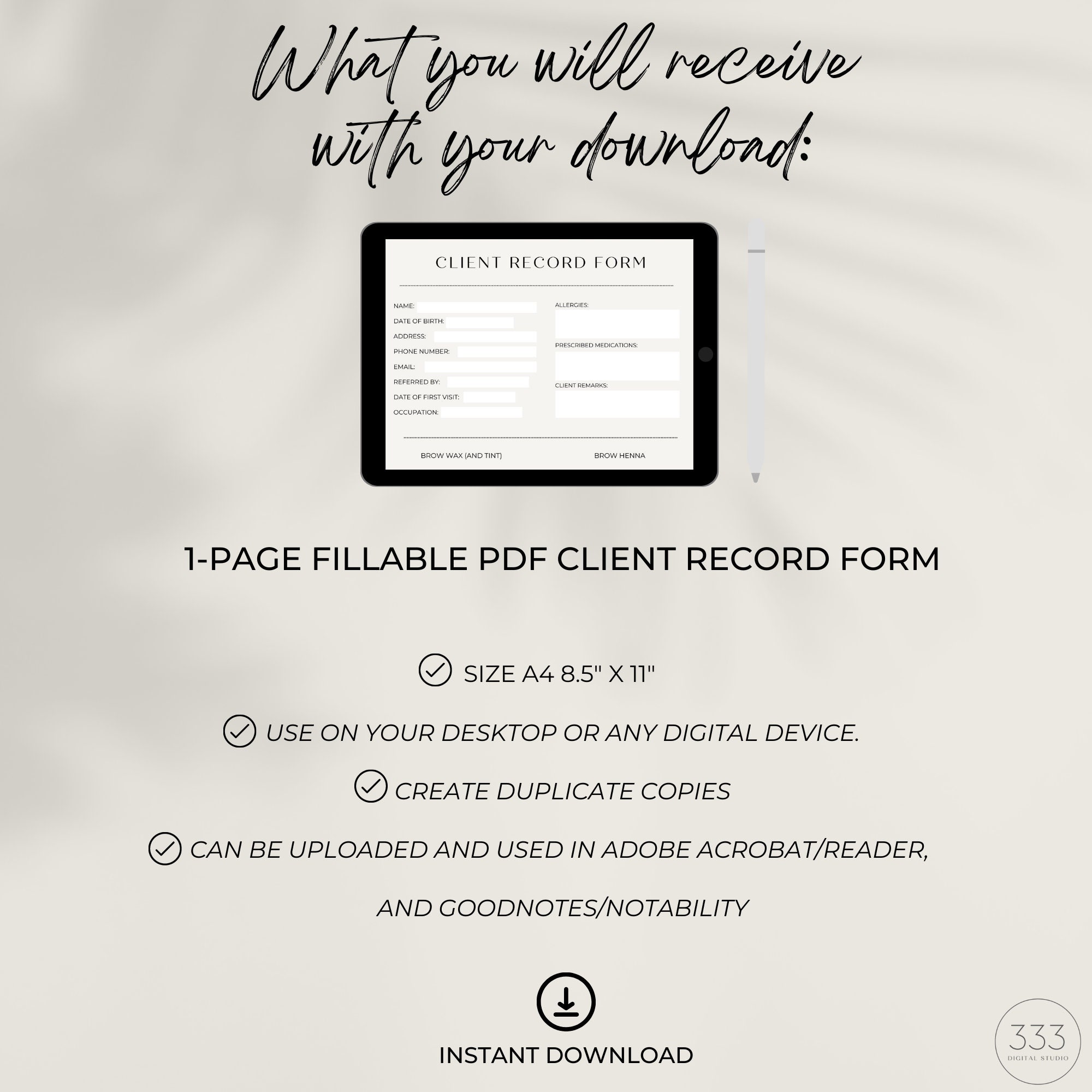 Fillable Client Record Form 1 Page Fillable PDF Client - Etsy Canada