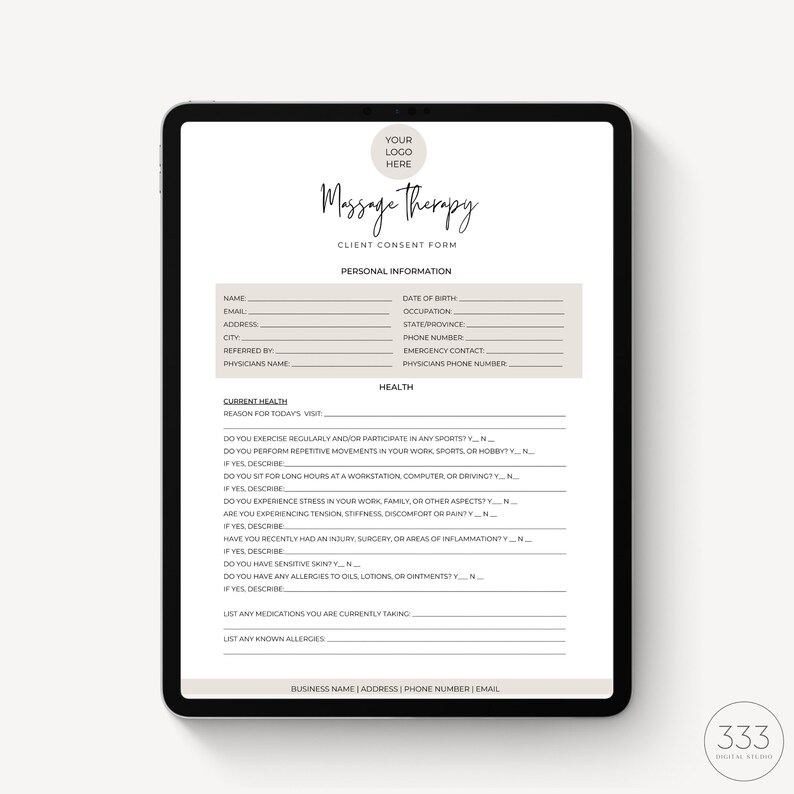 Massage Intake Form, Client Consent Form, Edit in Canva, Spa Forms ...