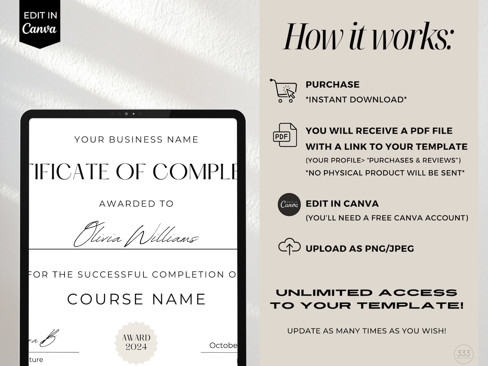 Editable Training Certificate Template, Certificate of Completion ...