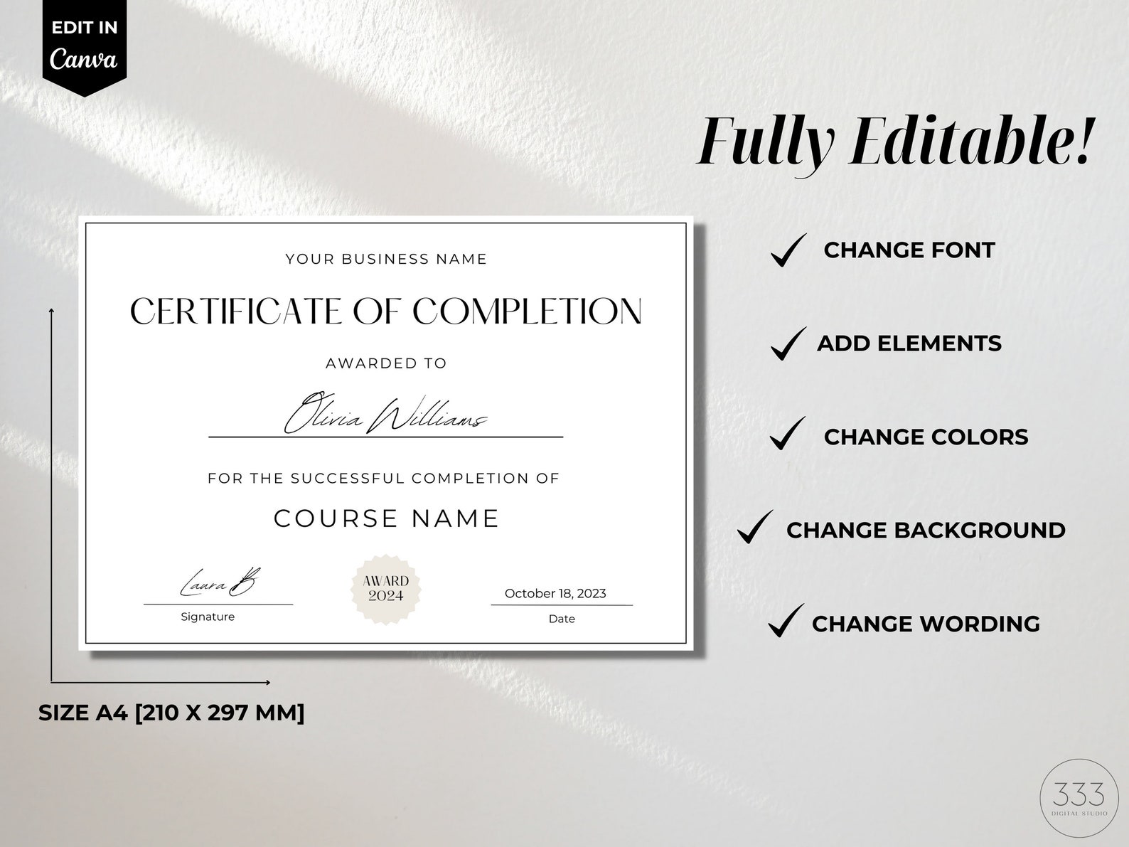 Editable Training Certificate Template, Certificate of Completion ...