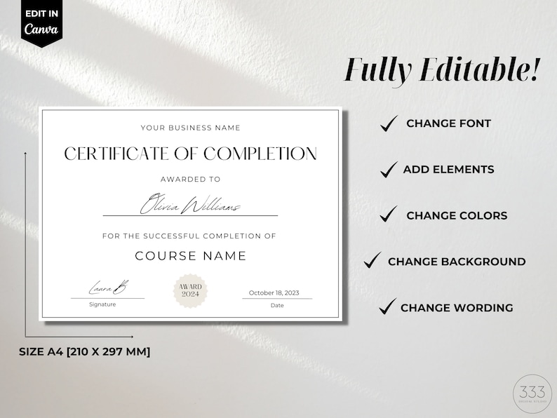 Editable Training Certificate Template, Certificate of Completion ...