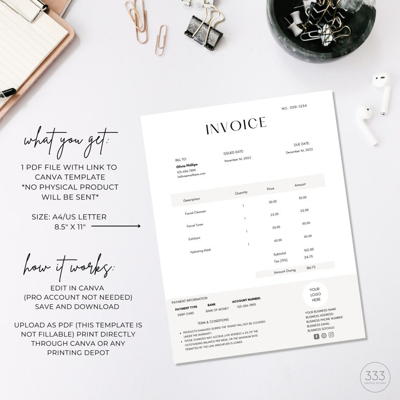 Editable Business Invoice Template, Editable Form, Small Business Canva ...