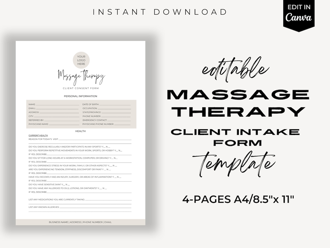 Massage Intake Form, Client Consent Form, Edit in Canva, Spa Forms ...