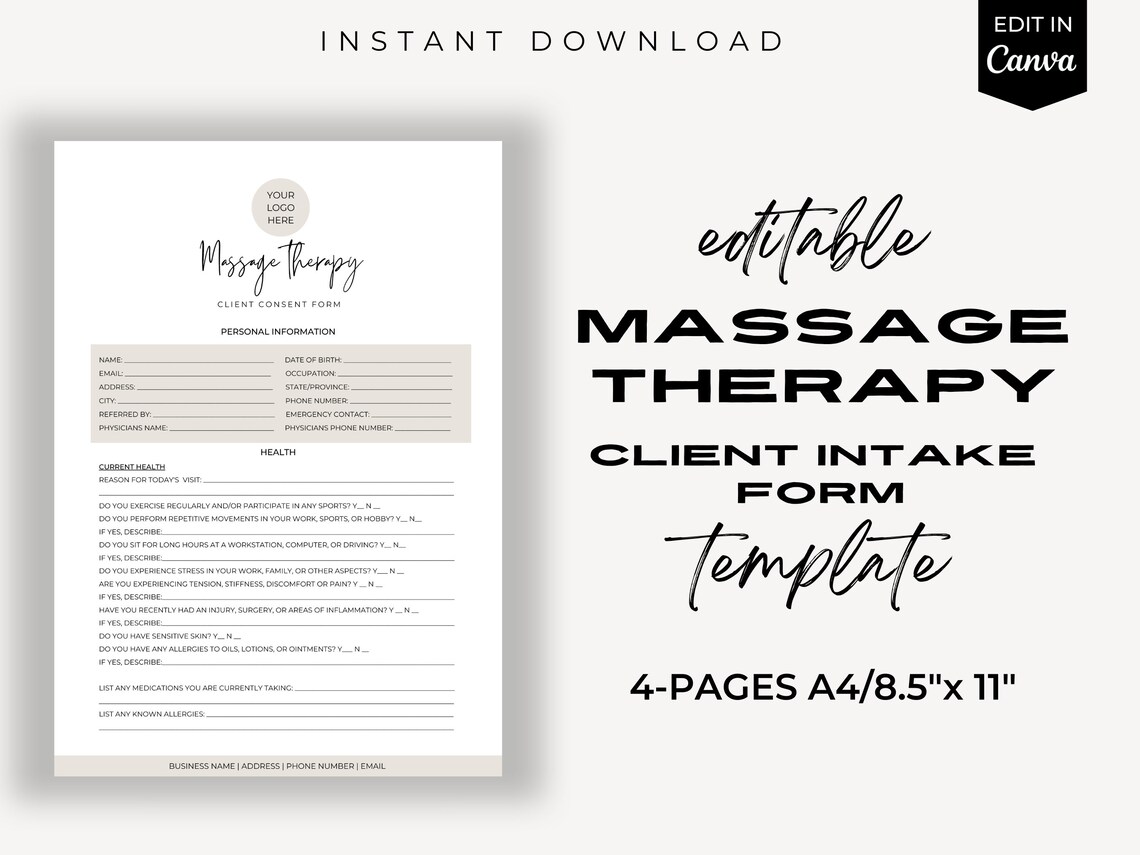 Massage Intake Form, Client Consent Form, Edit in Canva, Spa Forms ...
