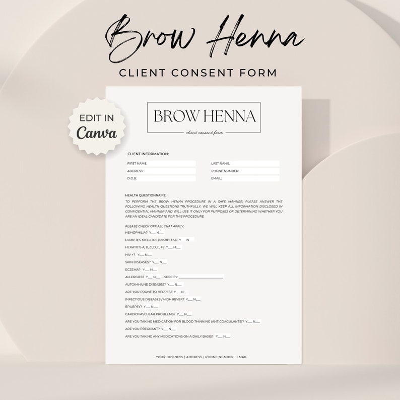 Brow Henna Consent Form Eyebrow Tinting Editable in Canva - Etsy