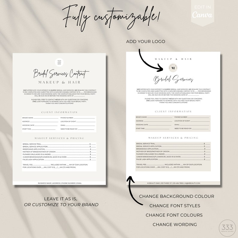 Bridal Services Contract, Makeup & Hair Artist Template (canva Editable ...