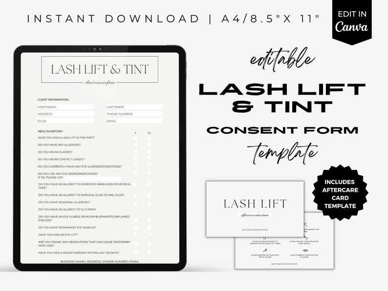 Lash Lift Consent Form Template, Esthetician Aftercare Card (editable ...