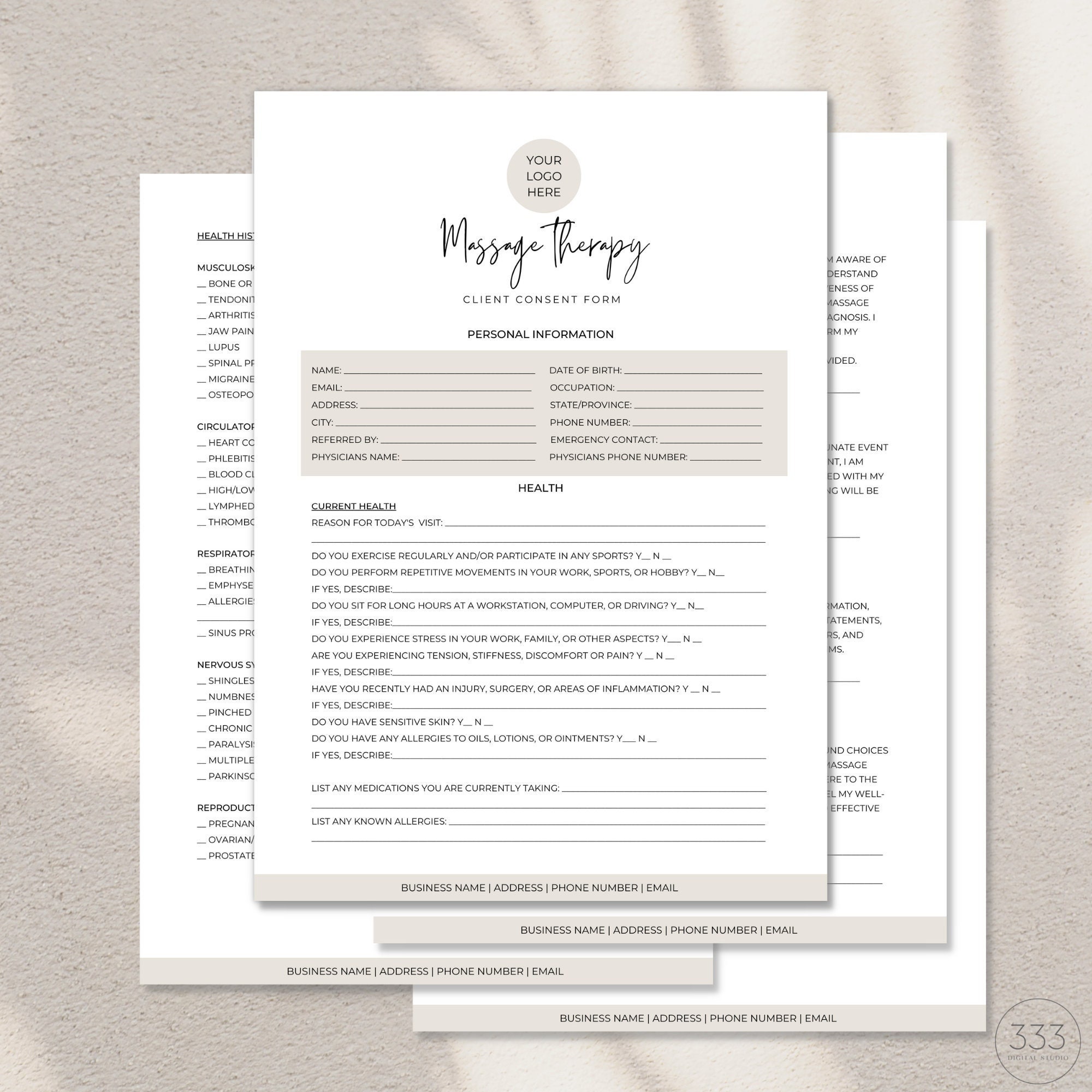 Massage Intake Form, Client Consent Form, Edit in Canva, Spa Forms ...