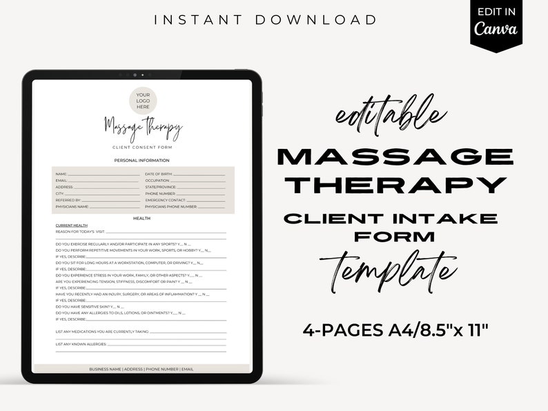 Massage Client Intake Form Template, Spa Salon Forms (canva Editable ...