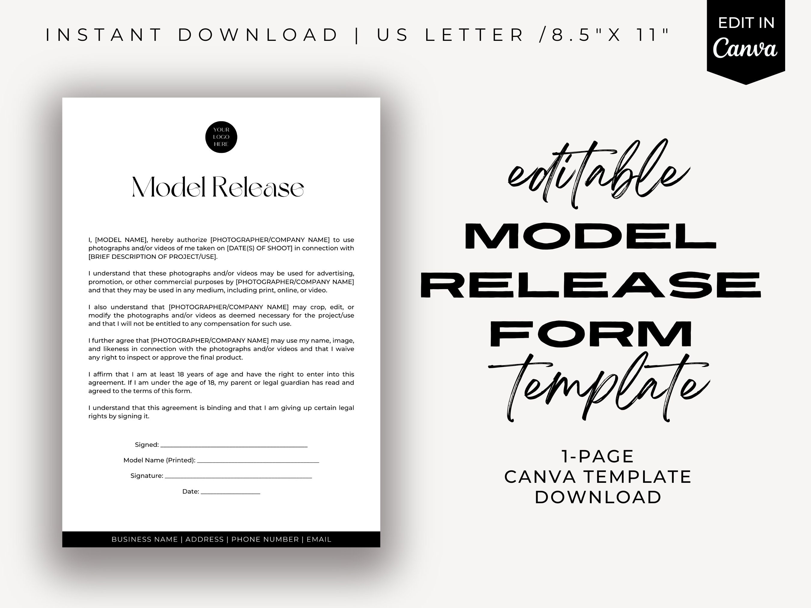 Model Release Form Template, Photography Forms, Business Forms, Photo ...