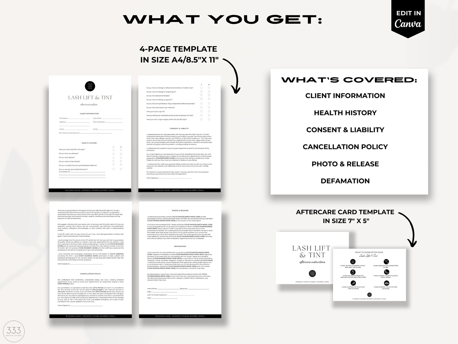 Lash Lift Consent, Editable Template, Lash Lift and Tint Aftercare Card ...