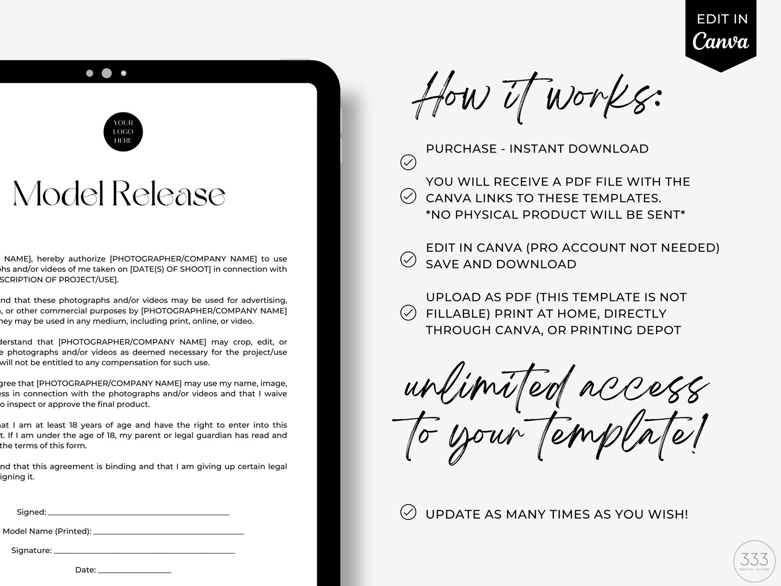 Model Release Form Template, Photography Forms, Business Forms, Photo ...