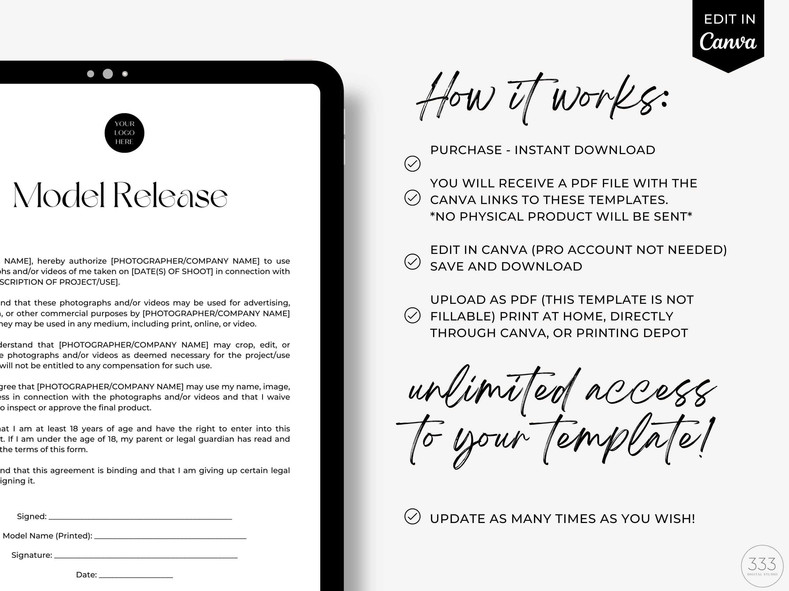 Model Release Form Template, Photography Forms, Business Forms, Photo ...
