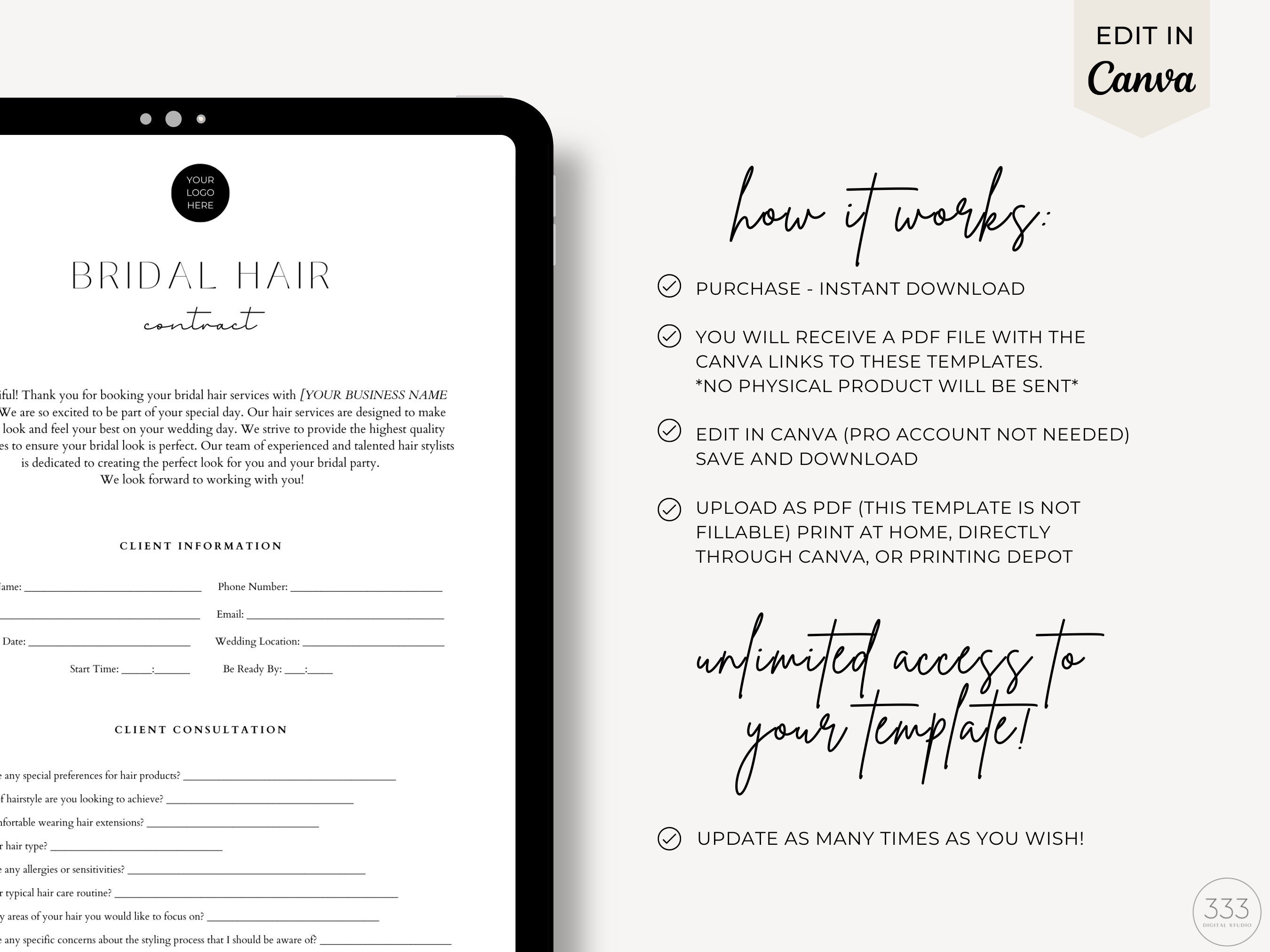 Bridal Hair Contract Template, Hair Stylist Contract, Hair Stylist Form ...