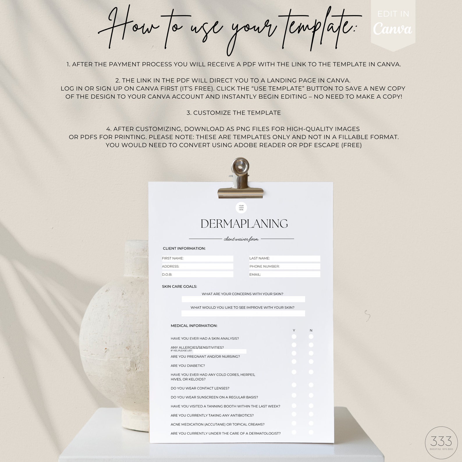 Editable Dermaplaning Consent Form, Esthetician Client Intake (canva ...