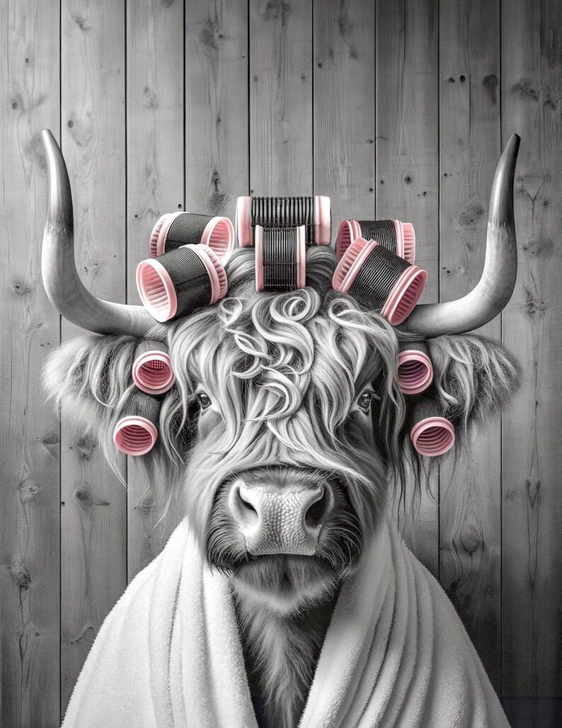Highland Cow Bathroom Art Print: Funny Hair Curlers Decor Unframed ...