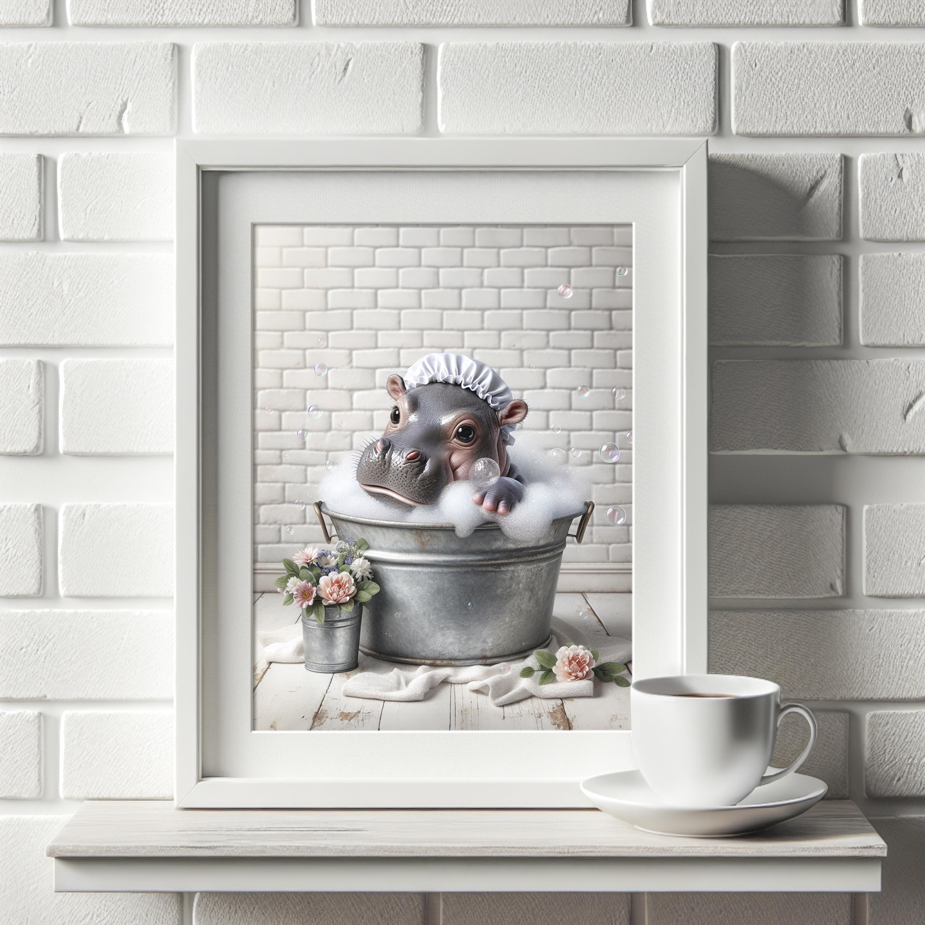 Cute Hippo Taking a Vintage Bubble Bath, Kids Bathroom Wall Art, Hippo ...