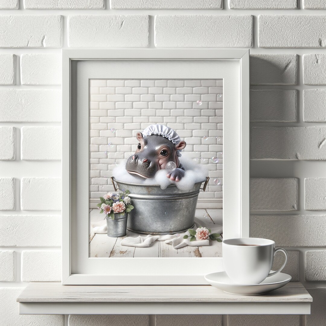 Cute Hippo Taking a Vintage Bubble Bath, Kids Bathroom Wall Art, Hippo ...