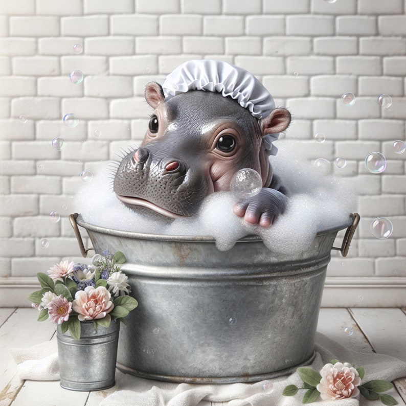 Cute Hippo Taking a Vintage Bubble Bath, Kids Bathroom Wall Art, Hippo ...