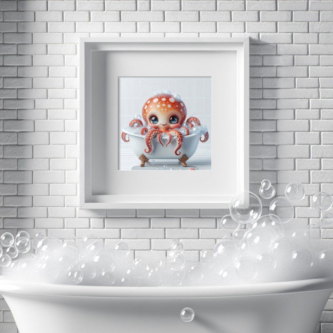Cute Octopus Taking a Bubble Bath, Kids Bathroom Wall Art, Octopus ...
