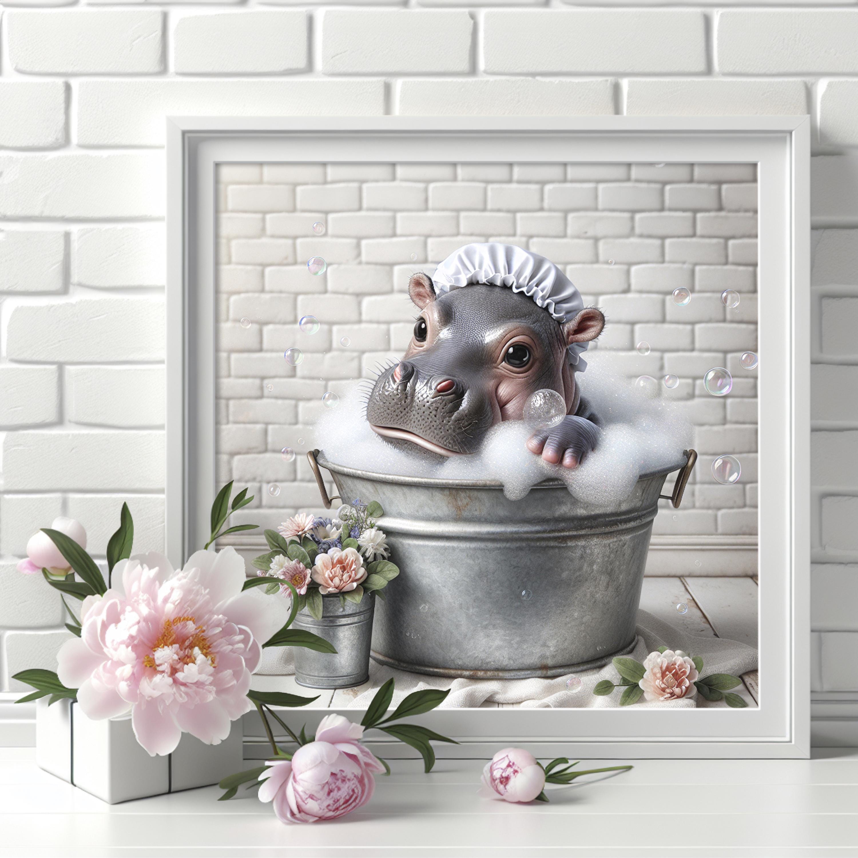Cute Hippo Taking a Vintage Bubble Bath, Kids Bathroom Wall Art, Hippo ...