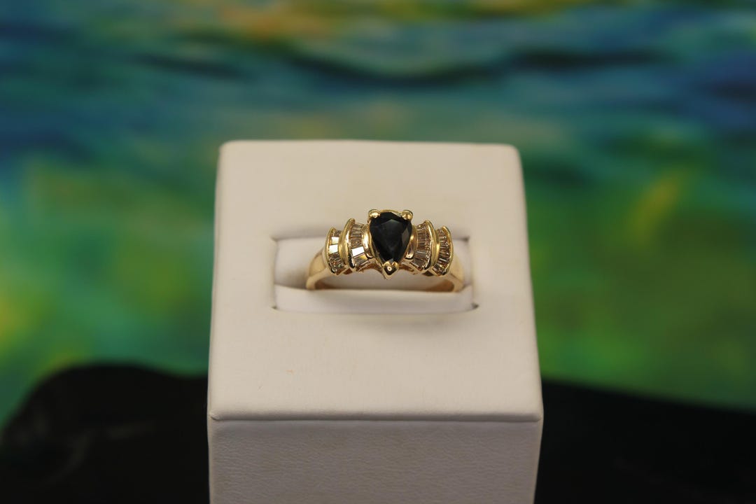 Black Sapphire very Deep Blue Diamond Ring Set in 14K Gold - Etsy