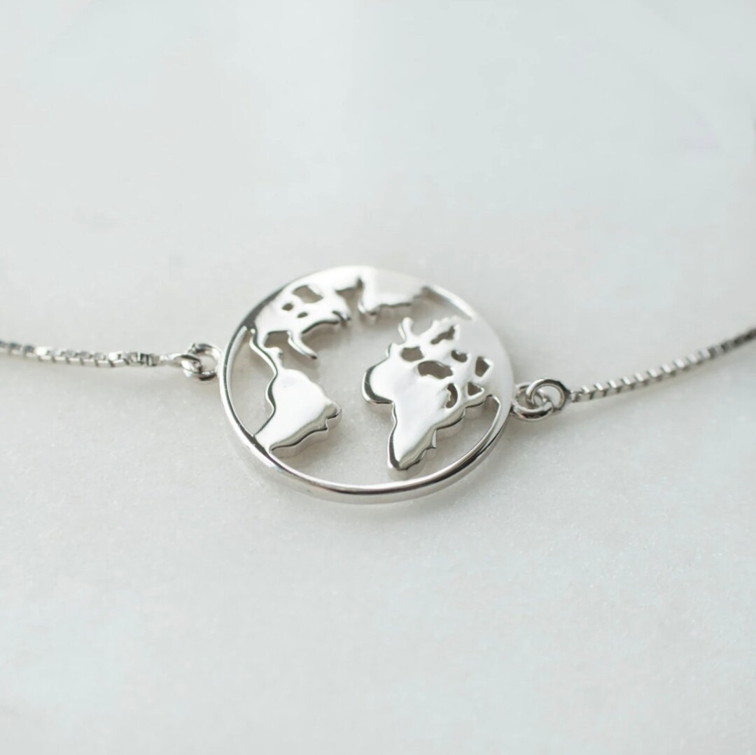 Sterling Silver World Map Bracelet – Globe Pendant, Travel Jewelry - Etsy