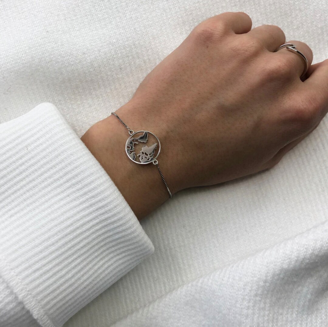 Silver World Map Bracelet - Travel Jewelry Gift - Made From 925 ...
