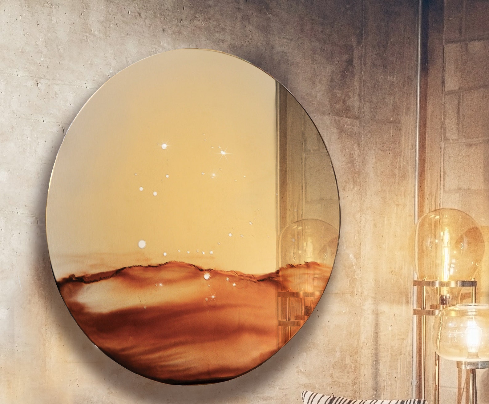 Large Gold Mirror, Hanging Round Mirror Wall Art, Golden Amber Colored ...